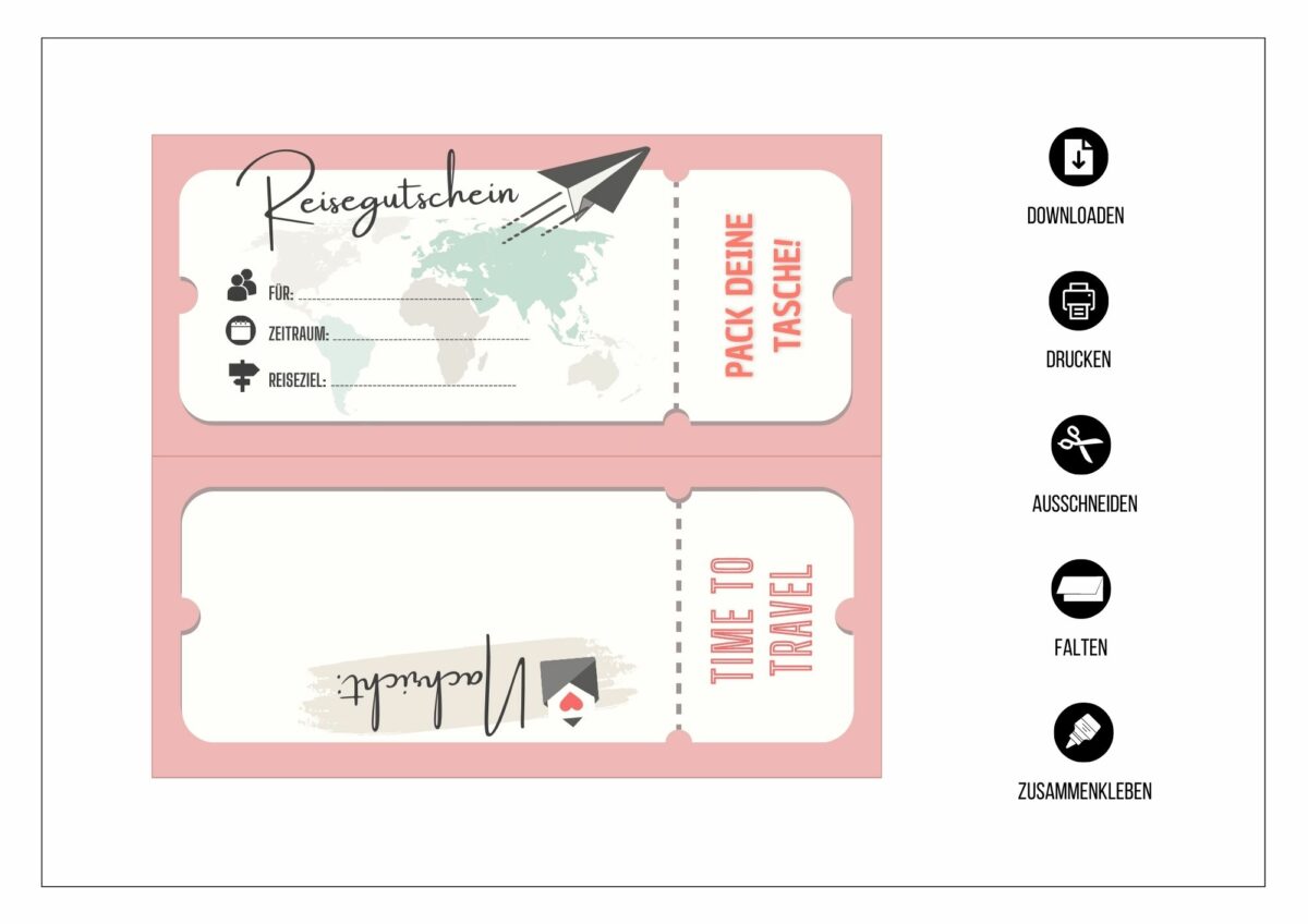 Runterladen & ausdrucken: Reisegutschein mit Herz-Umschlag 💌